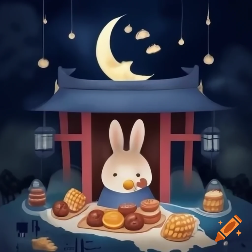Temple scene with moon rabbit enjoying mooncakes on Craiyon