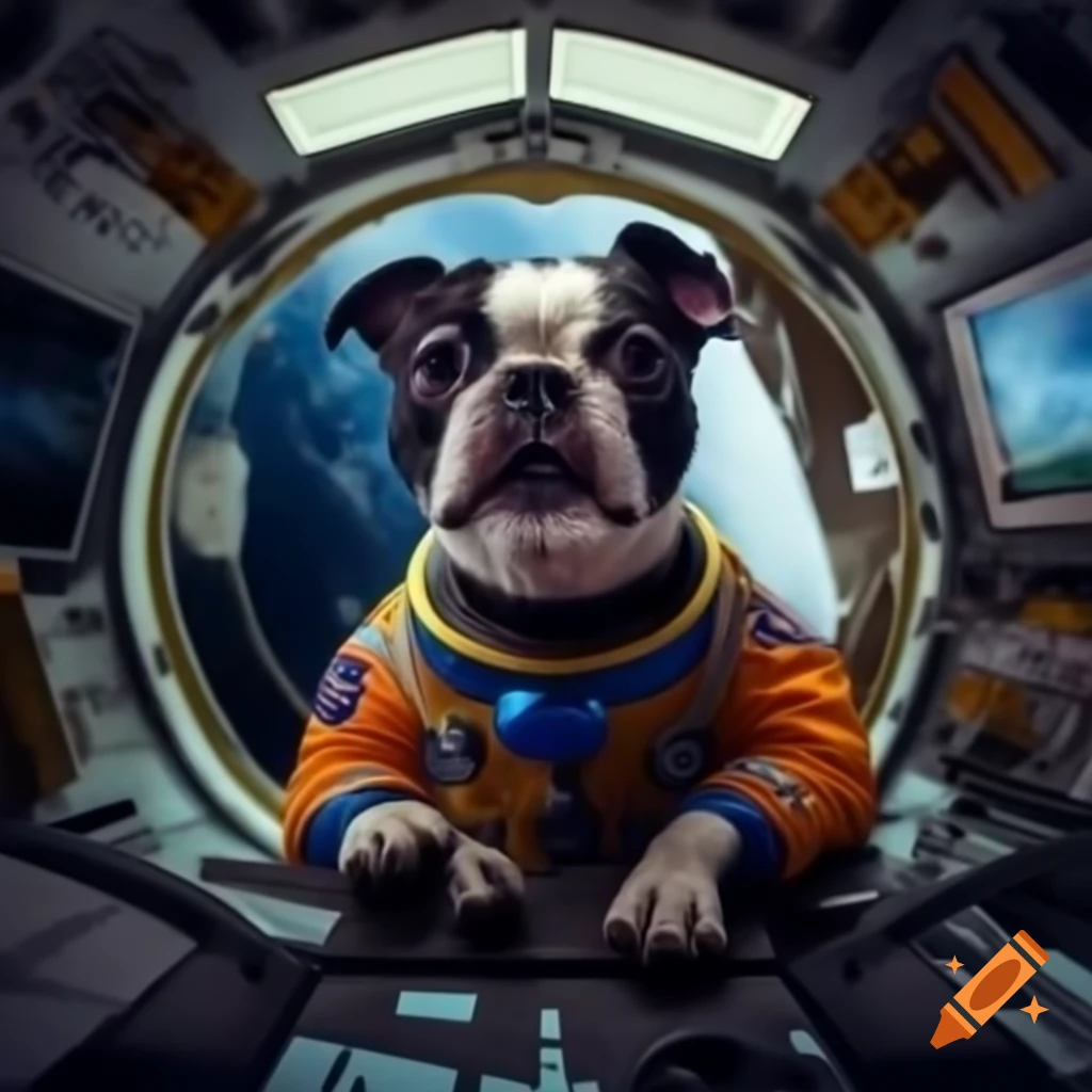 Boston terrier aboard the International Space Station on Craiyon