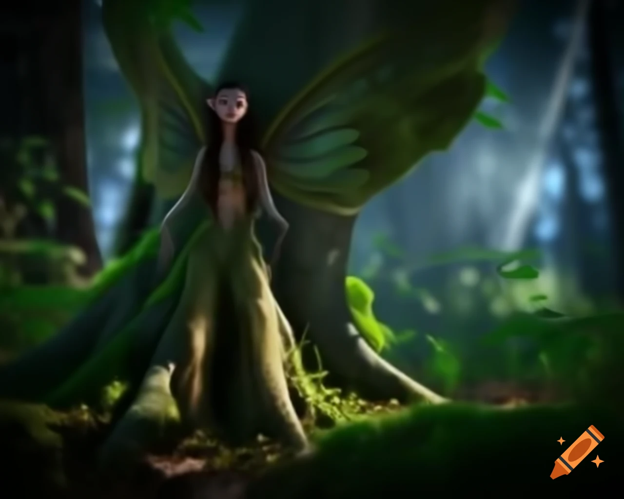 Photorealistic 3d render of fairy standing by tree in forest with ...