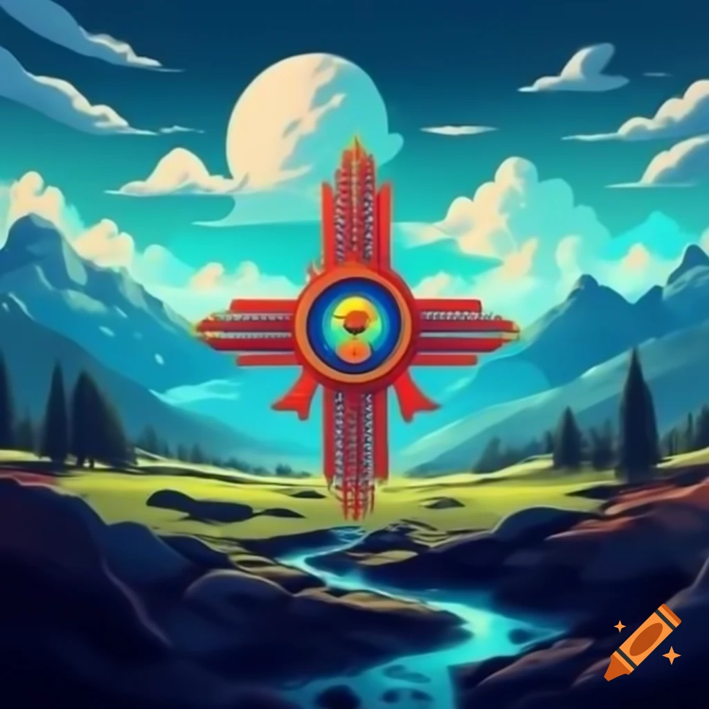 Trippy cartoon zia symbol in mountainous landscape on Craiyon