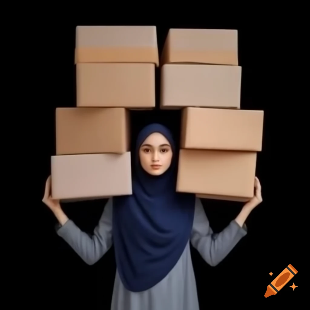 Young lady in hijab carrying several boxes on Craiyon