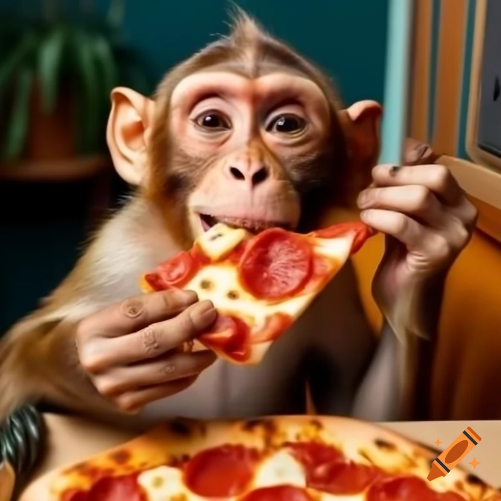 Happy monkey enjoying a slice of monster pizza on Craiyon