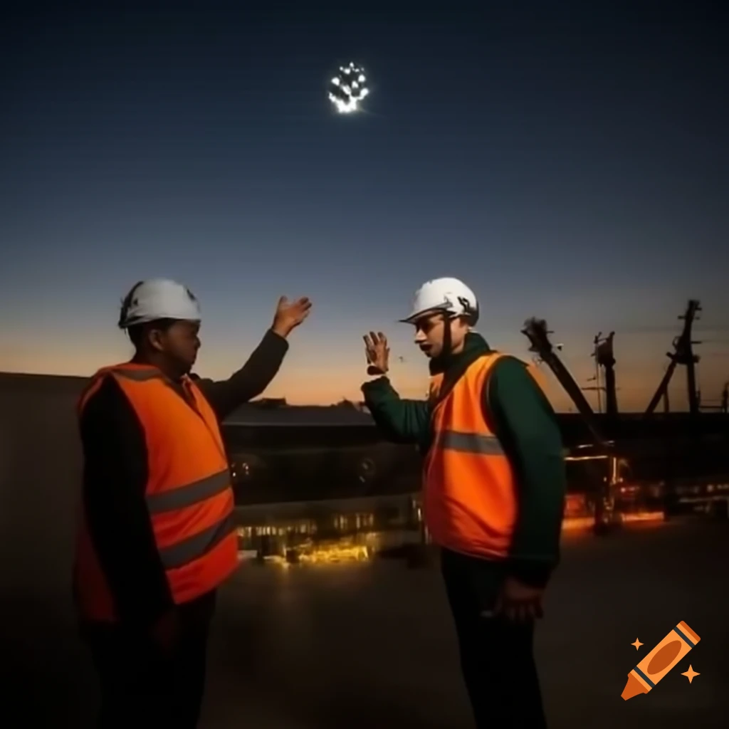 Civil engineers in safety gear celebrating eid with festive decorations ...