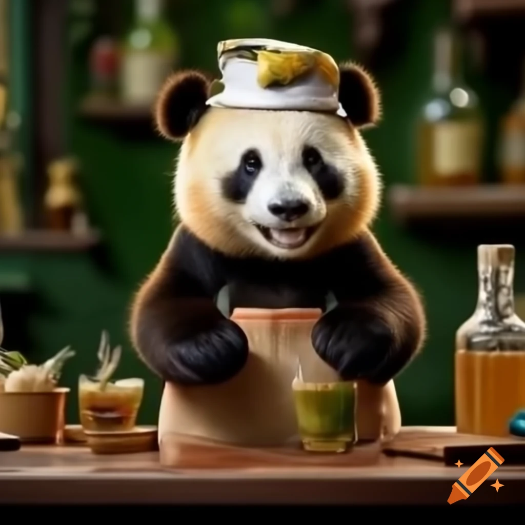 Tiny panda bartender with hat, ready to serve miniature cocktails on Craiyon