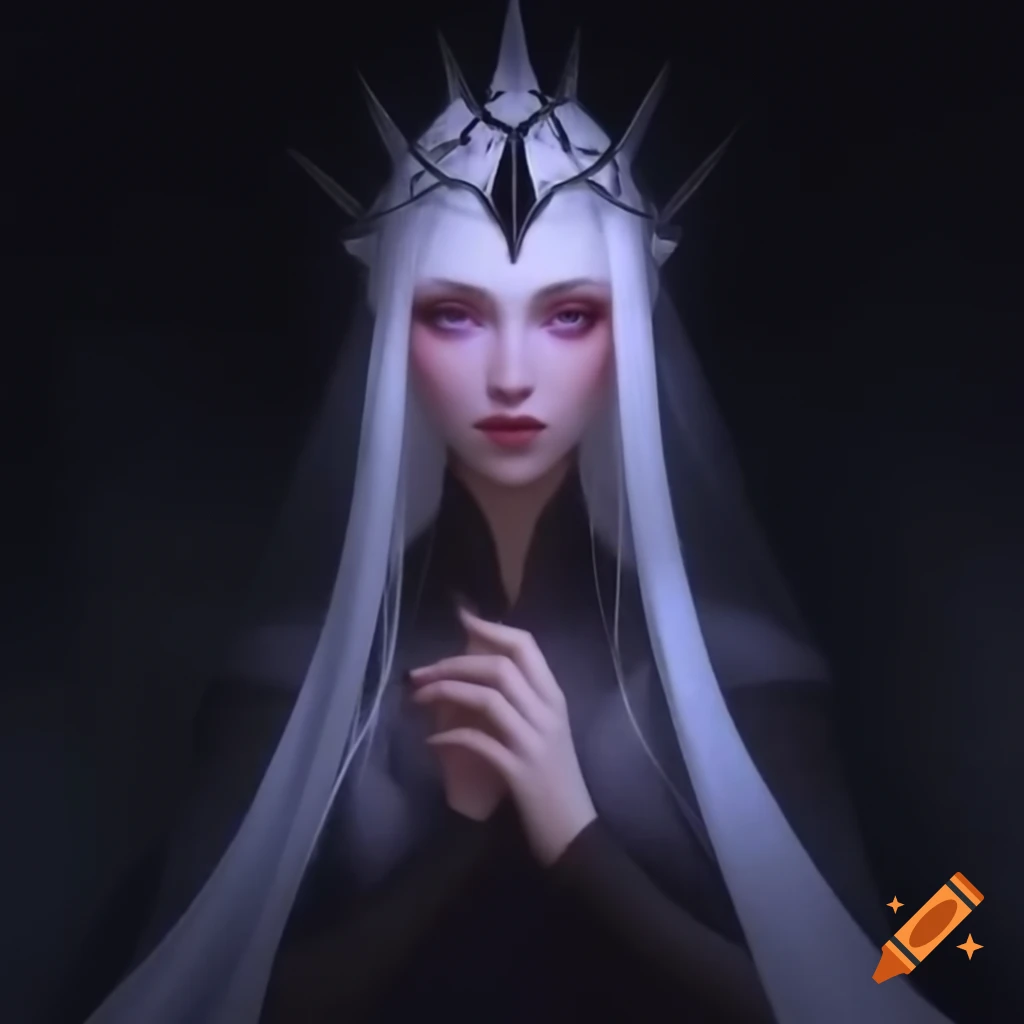 Enchanting woman with silver hair and a jewel-encrusted crown, wearing ...