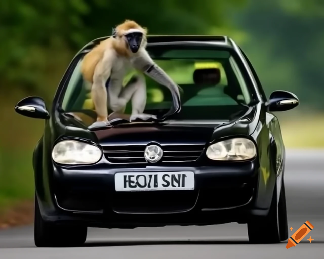Brown monkey laughing while driving black 2006 VW Golf in St Albans on ...