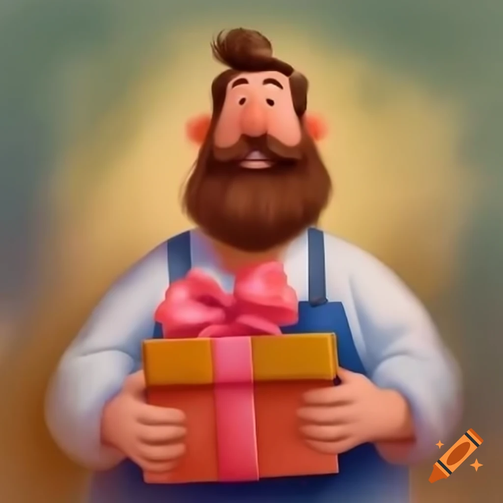 Cartoon of funny bearded man holding a gift with paws in the background ...