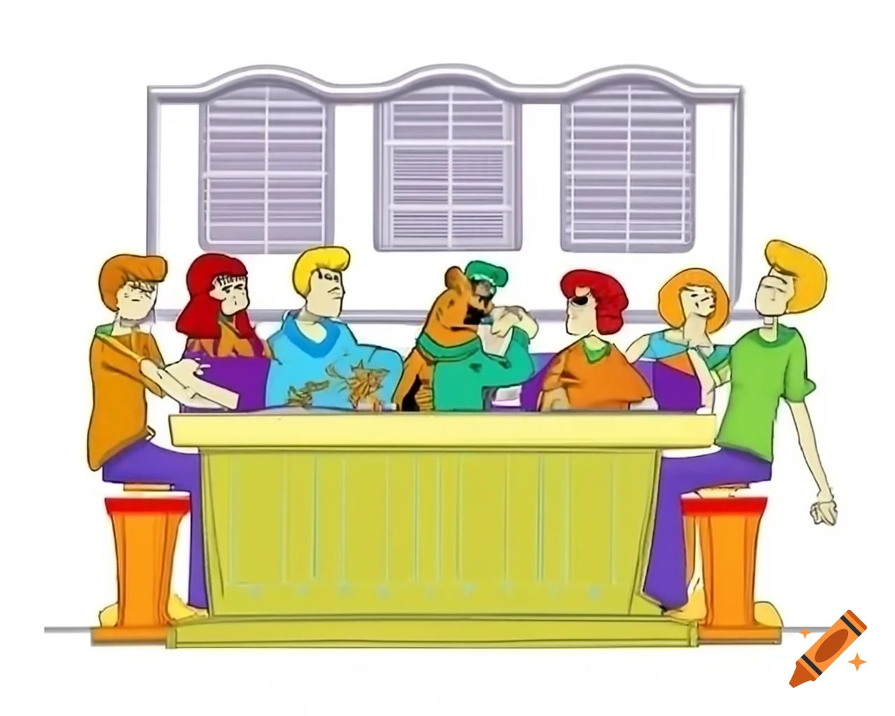 Scooby Doo crew having a meal at a bar after solving a case on Craiyon