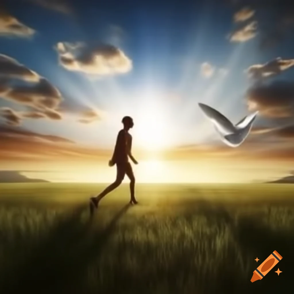 Silhouette of a human walking towards the camera with sunset background ...