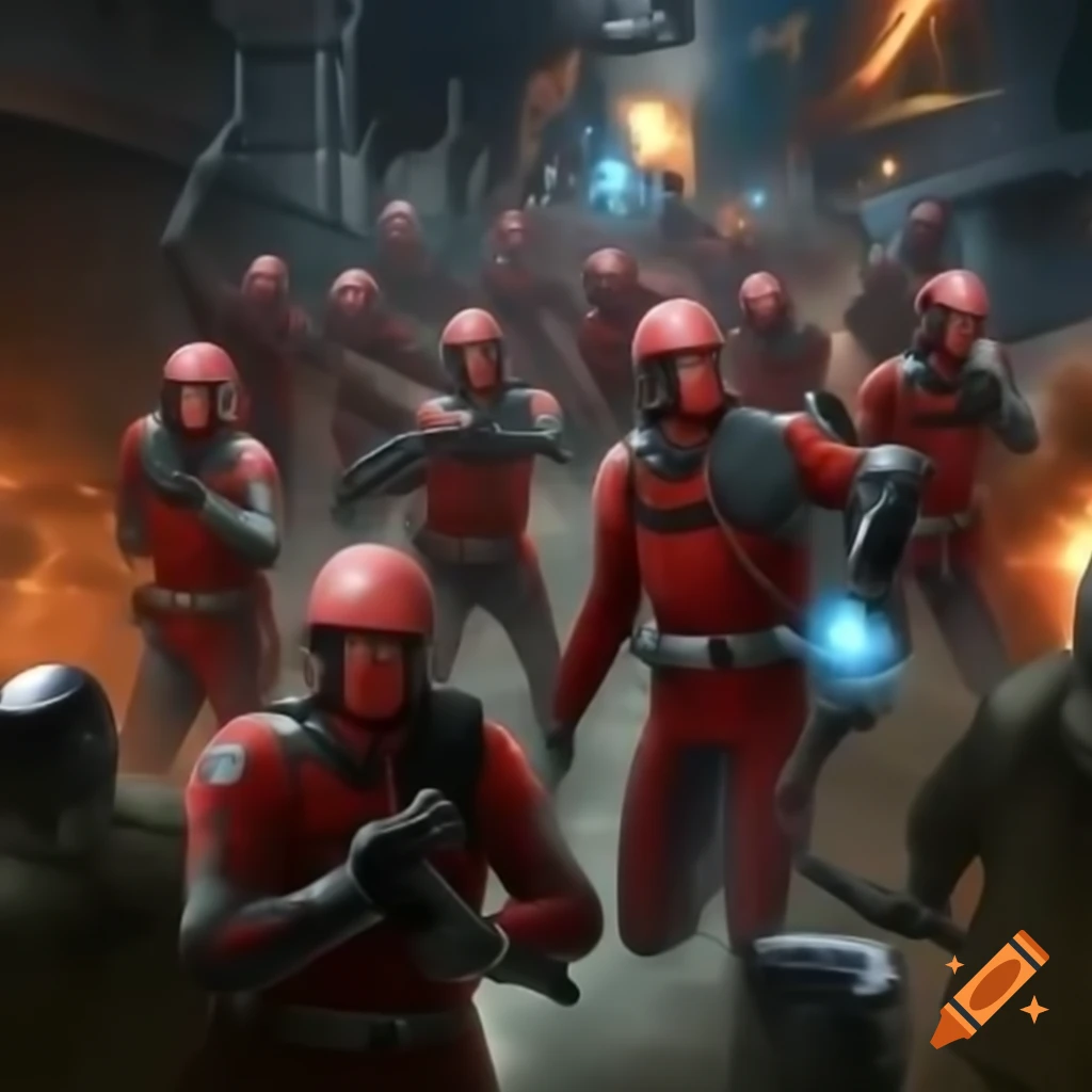 Futuristic chancellery guards in red and white uniforms in a sci-fi ...