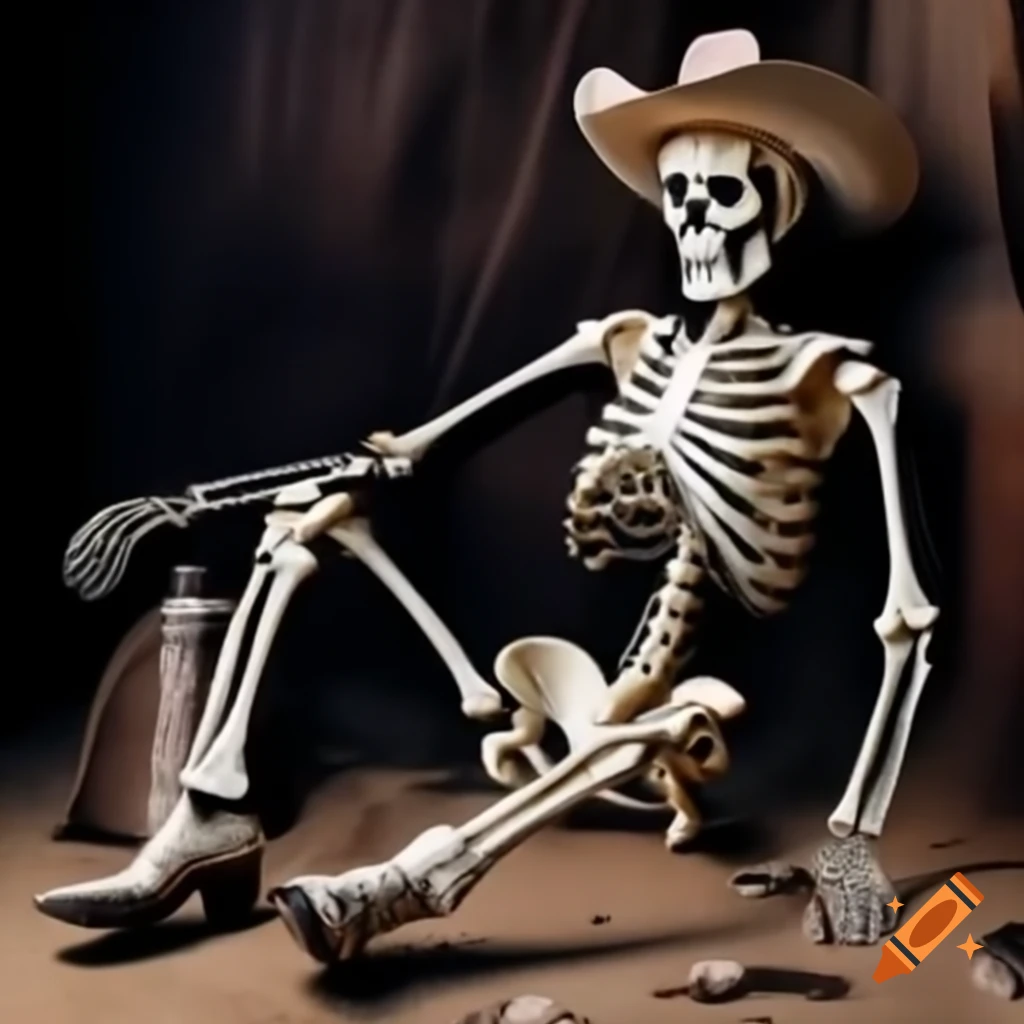Realistic skeleton in boots and cowboy hat sitting down on Craiyon