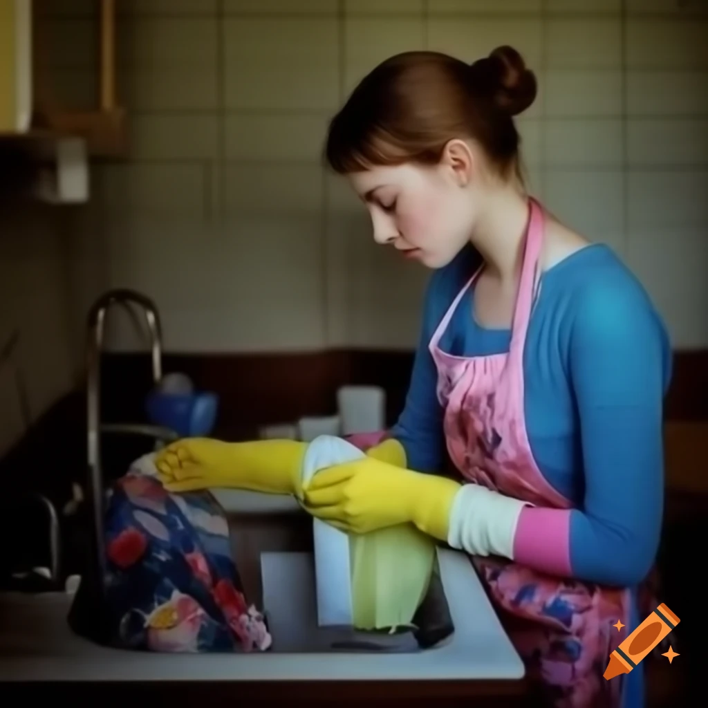 Caucasian woman in floral apron collecting soapy water from laundry ...