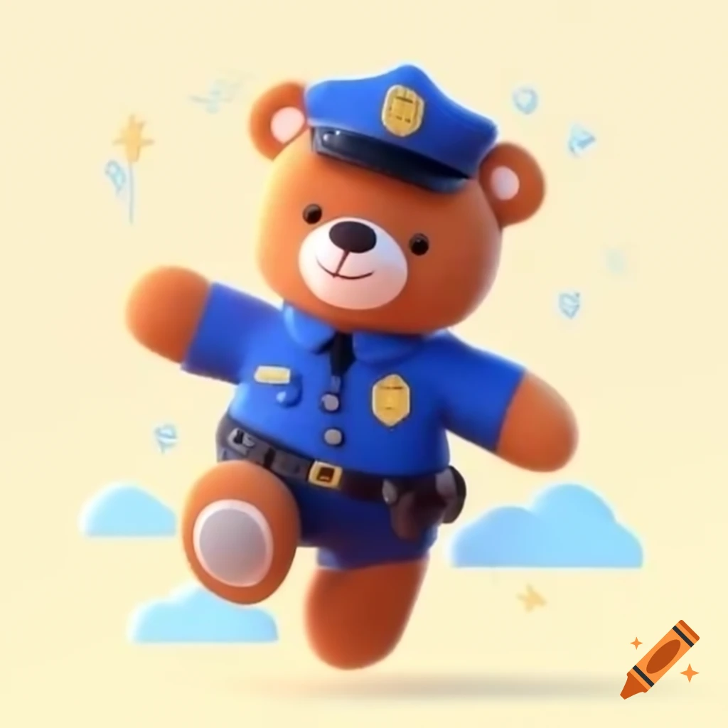 Teddy bear dressed as police officer jumping on Craiyon