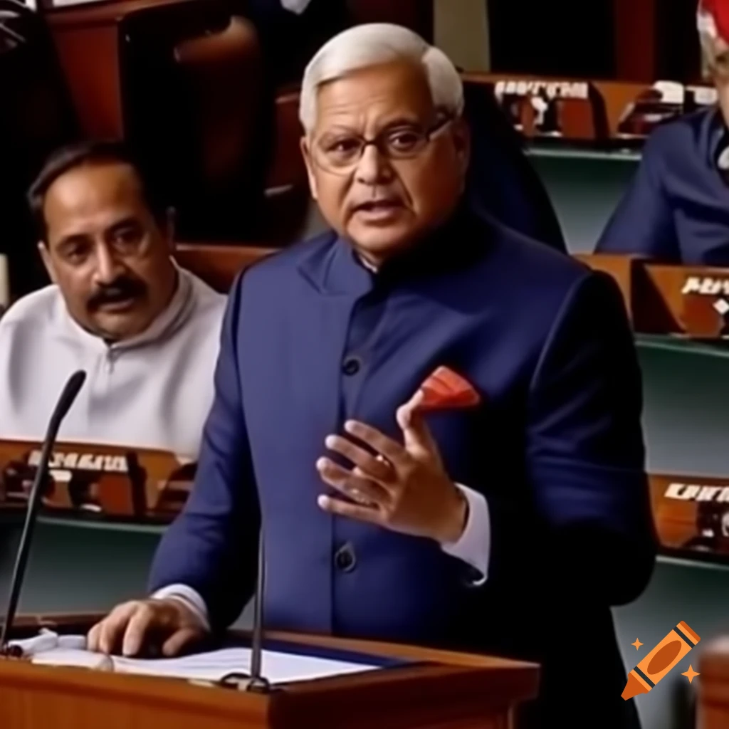 Sir VP Singh delivering a speech in the Indian parliament on Craiyon