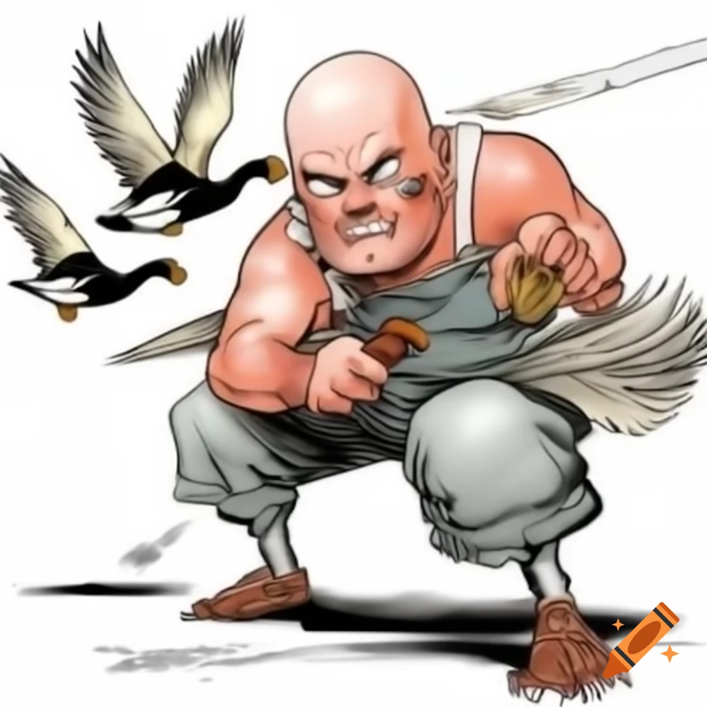 Manga drawing of redheaded man chasing ducks with fork and knife on Craiyon