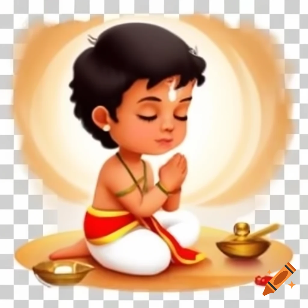 Child praying to hindu deity, clipart style on Craiyon