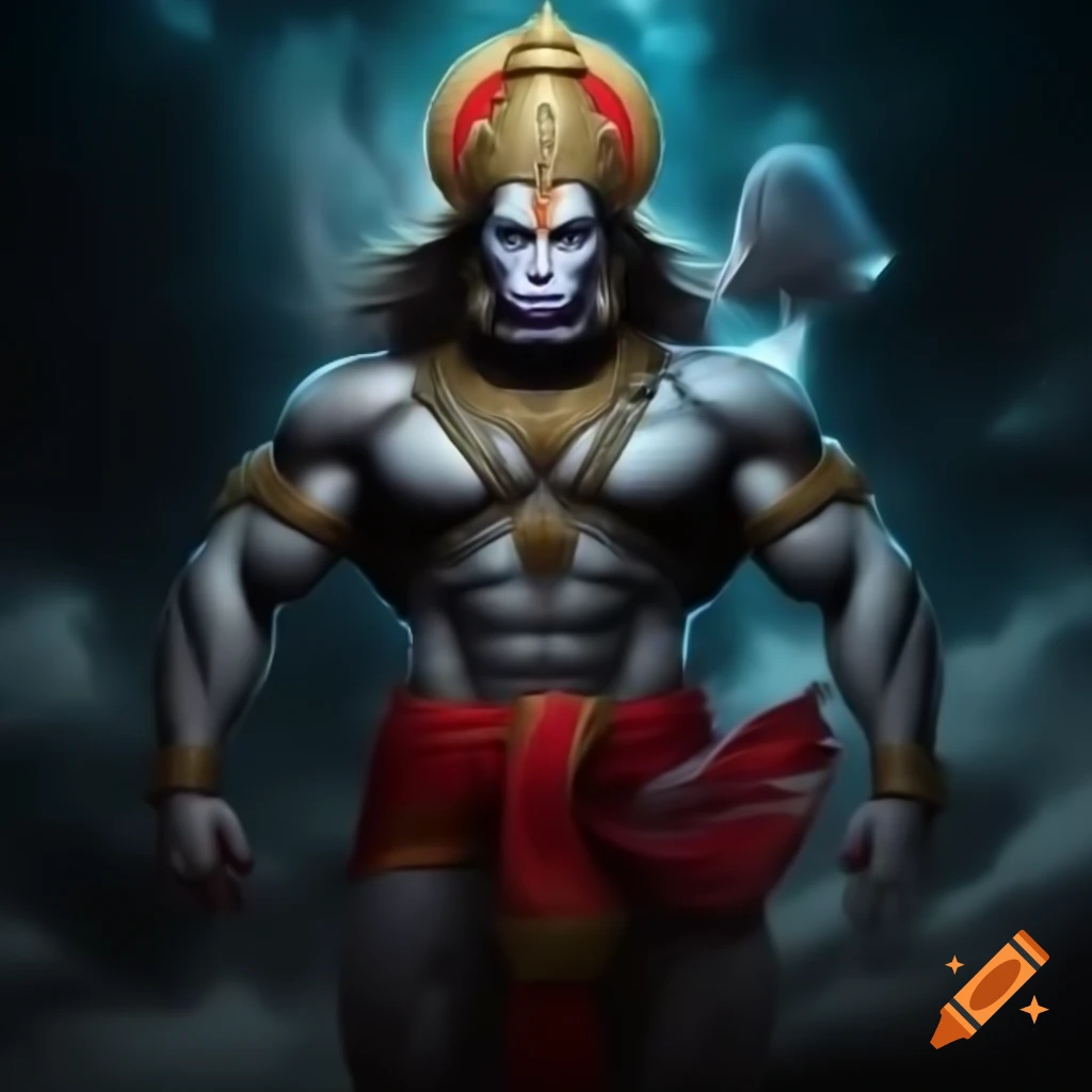 Hanuman the monkey king in forest with lord yama, golden armor shining ...