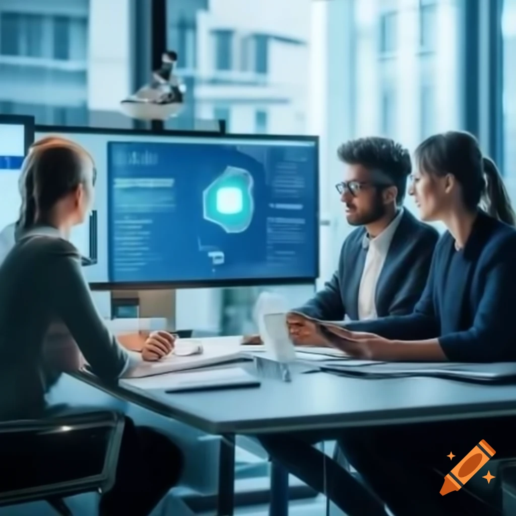 Team of software developers discussing product engineering with product owners on Craiyon