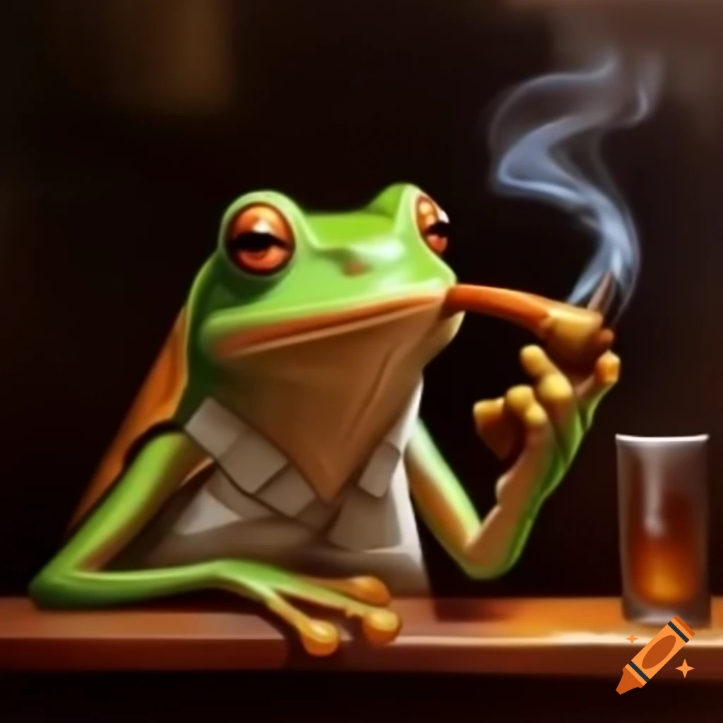 Dapper green frog with corn cob pipe at bar on Craiyon