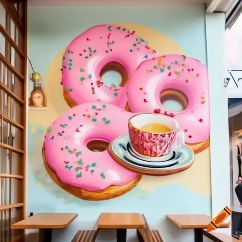 Mural of pink sprinkle donuts and cup of steaming tea on cafe wall on ...
