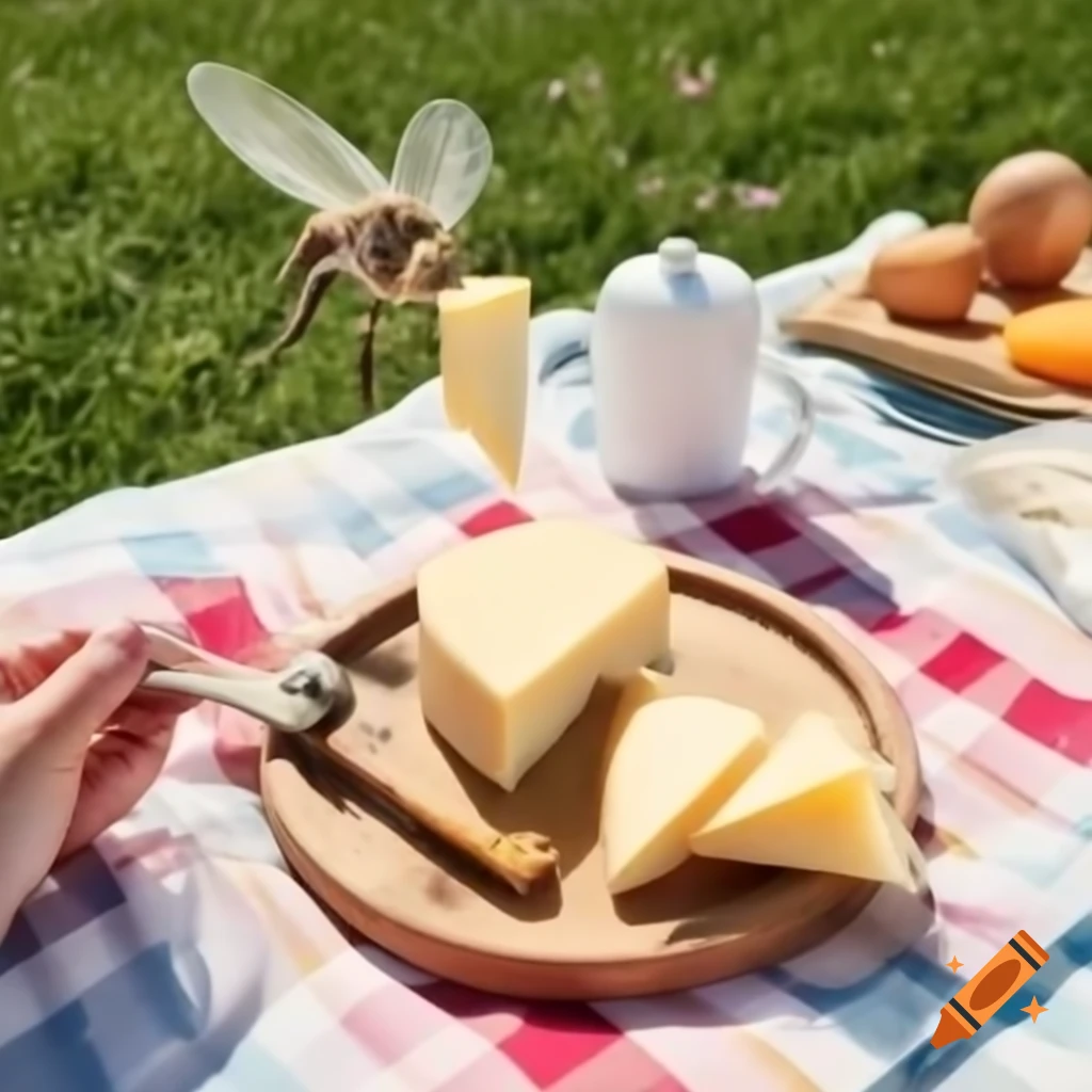 Fly stealing cheese from a sunny picnic table in summer on Craiyon