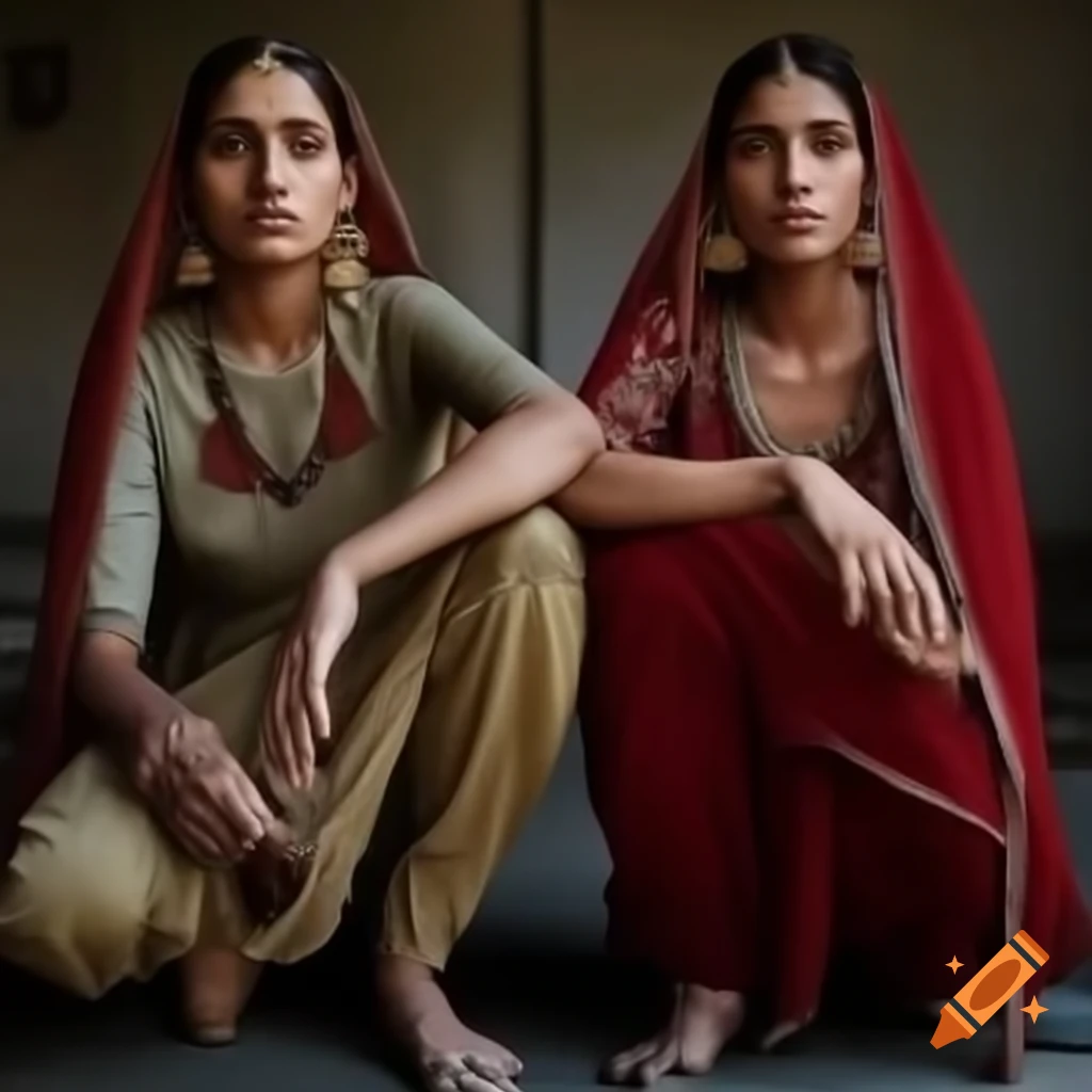 Two women squatting in traditional salwar attire on Craiyon