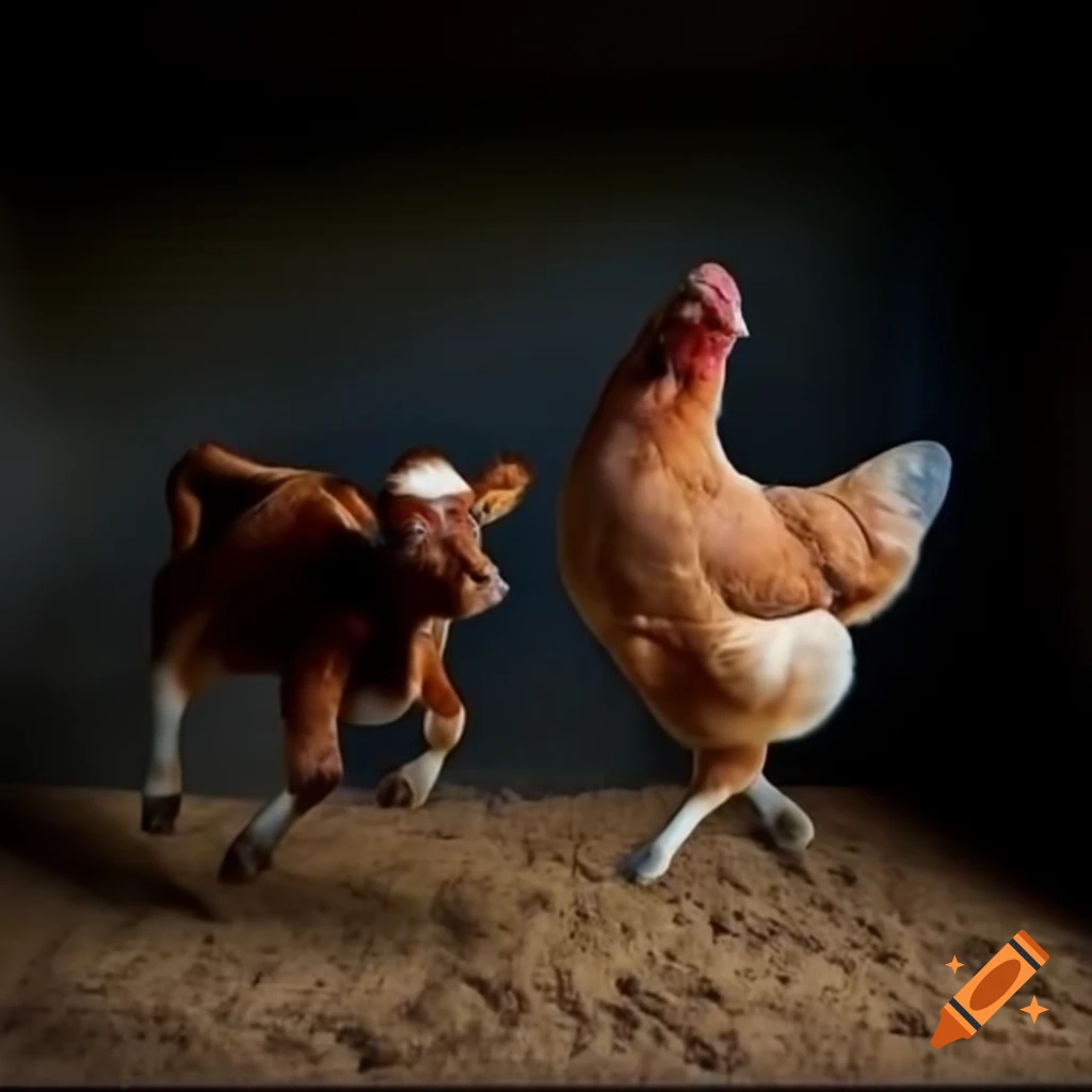 Brown chicken and cow jumping on bed in dark room with thumping sounds ...