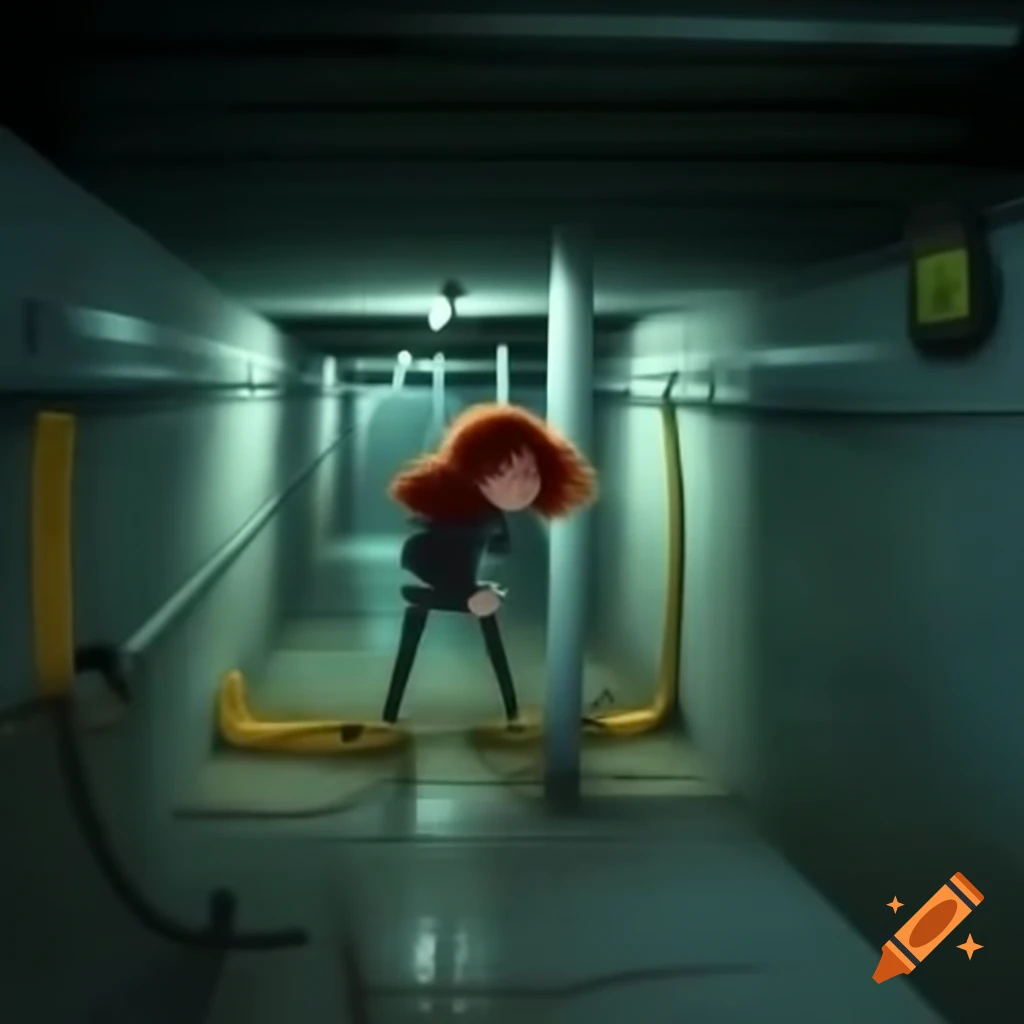 Girl with red hair navigating concrete basement labyrinth from security ...