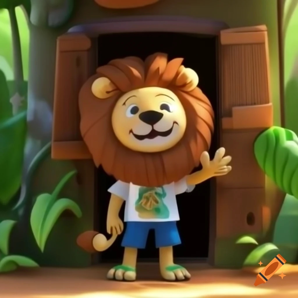 Cartoon lion wearing jungle-print t-shirt and shorts in front of ...