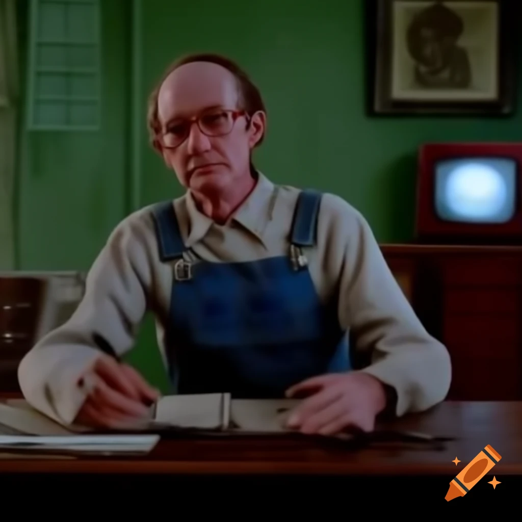 Winston from 1984, thin and frail man in worn overalls sitting in ...