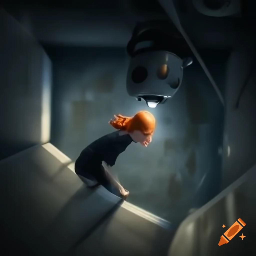 Girl with red hair navigating concrete basement labyrinth from security ...