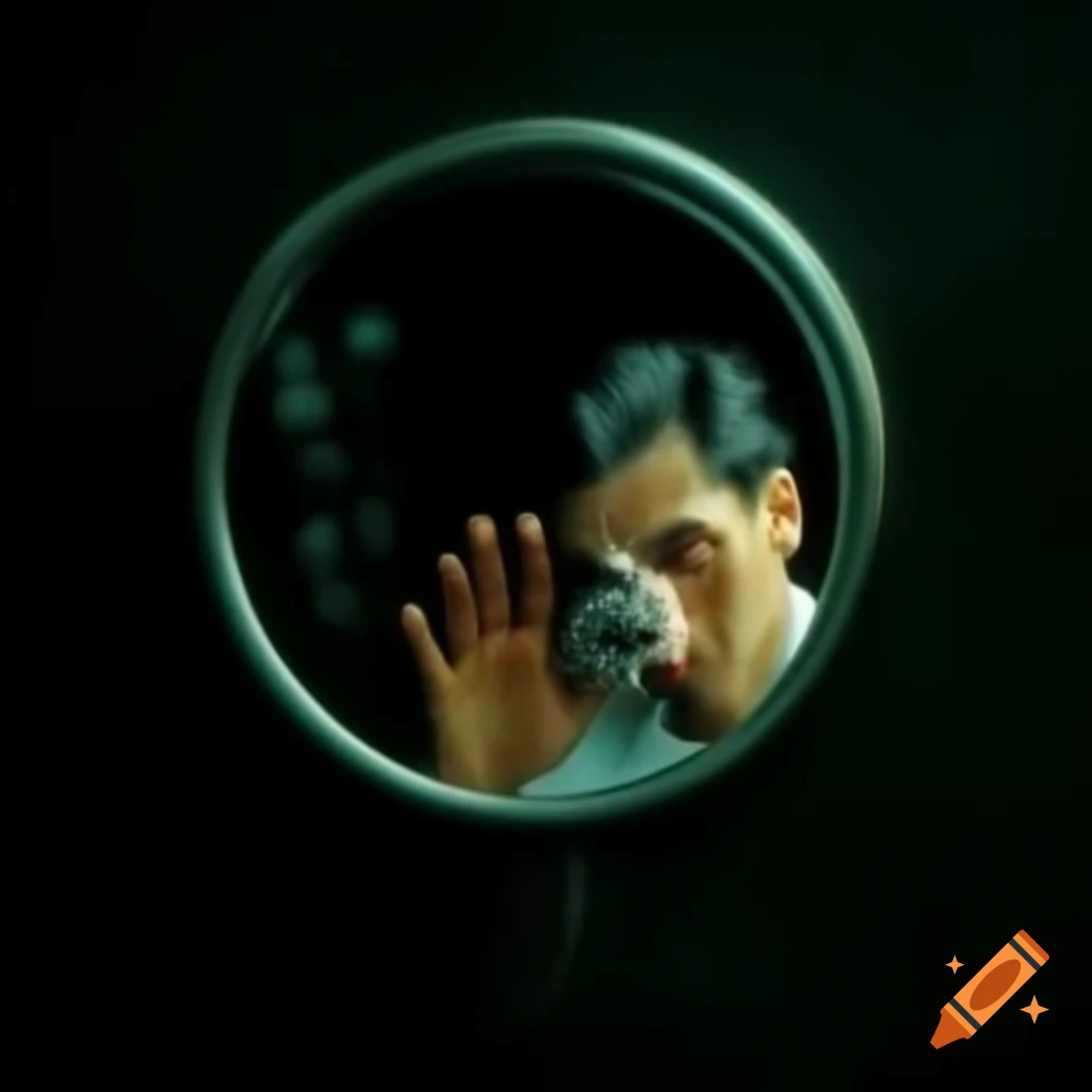 Man observing dark reflection in mirror on Craiyon