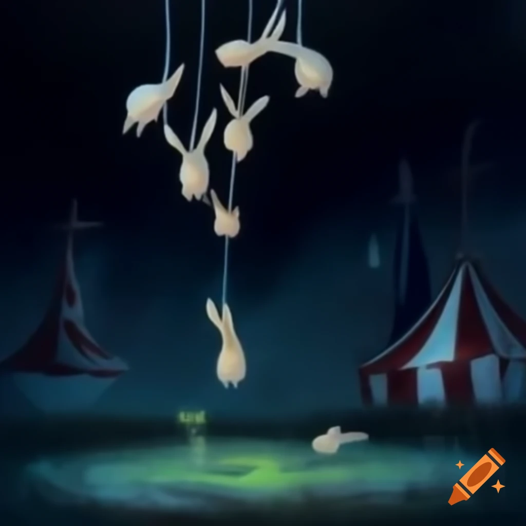 Rabbits hanging on tightrope in an abyss, circus theme with dreamlike ...