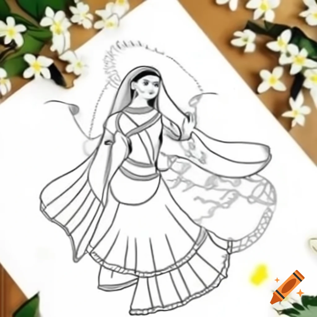 Outline art of Radha surrounded by jasmine flowers on Craiyon