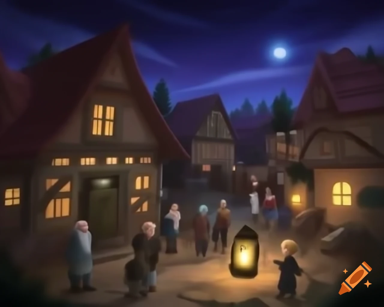 Villagers in square admiring night sky and lantern, children playing on ...