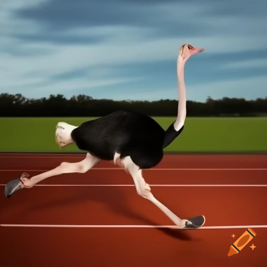 Humanoid ostrich running on a track on Craiyon