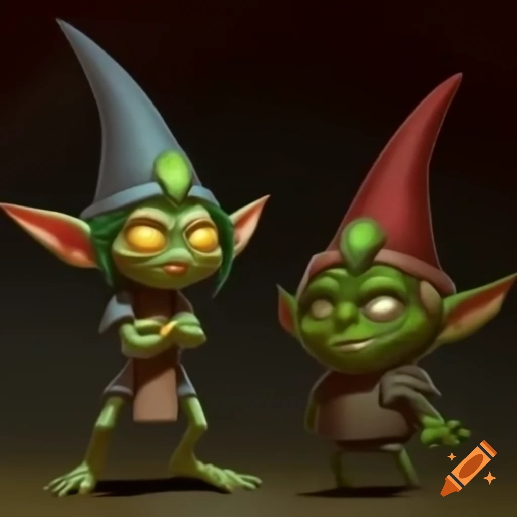 Two goblins, one evil in green hat and one kind in red hat on Craiyon