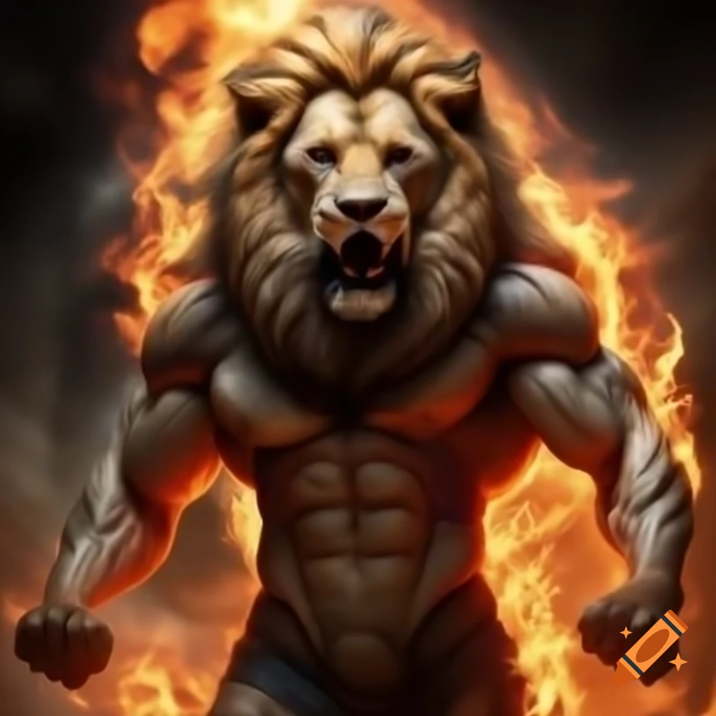 Lion with muscular build roaring on Craiyon