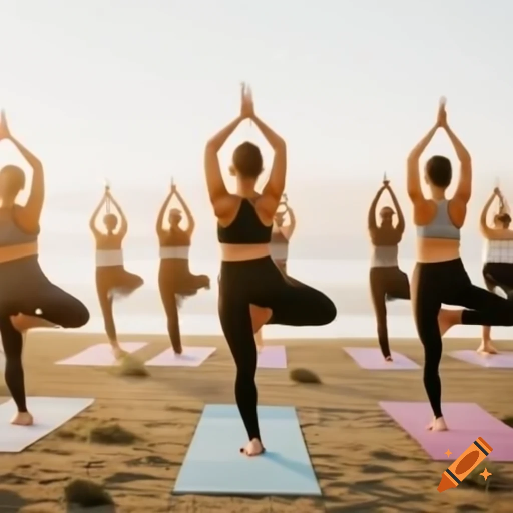 Group yoga session by the oceanfront on Craiyon