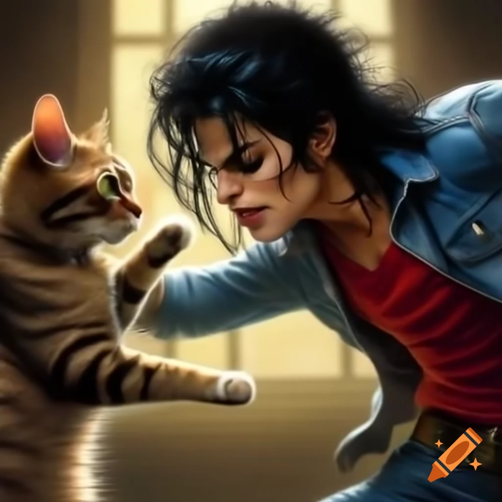 Cat engaged in playful interaction with person resembling michael jackson on Craiyon