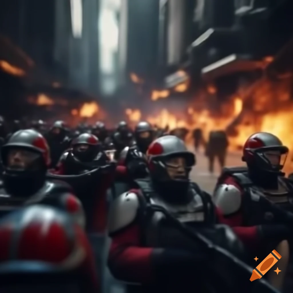Chancellery Guards in futuristic uniforms in a battle scene on Craiyon