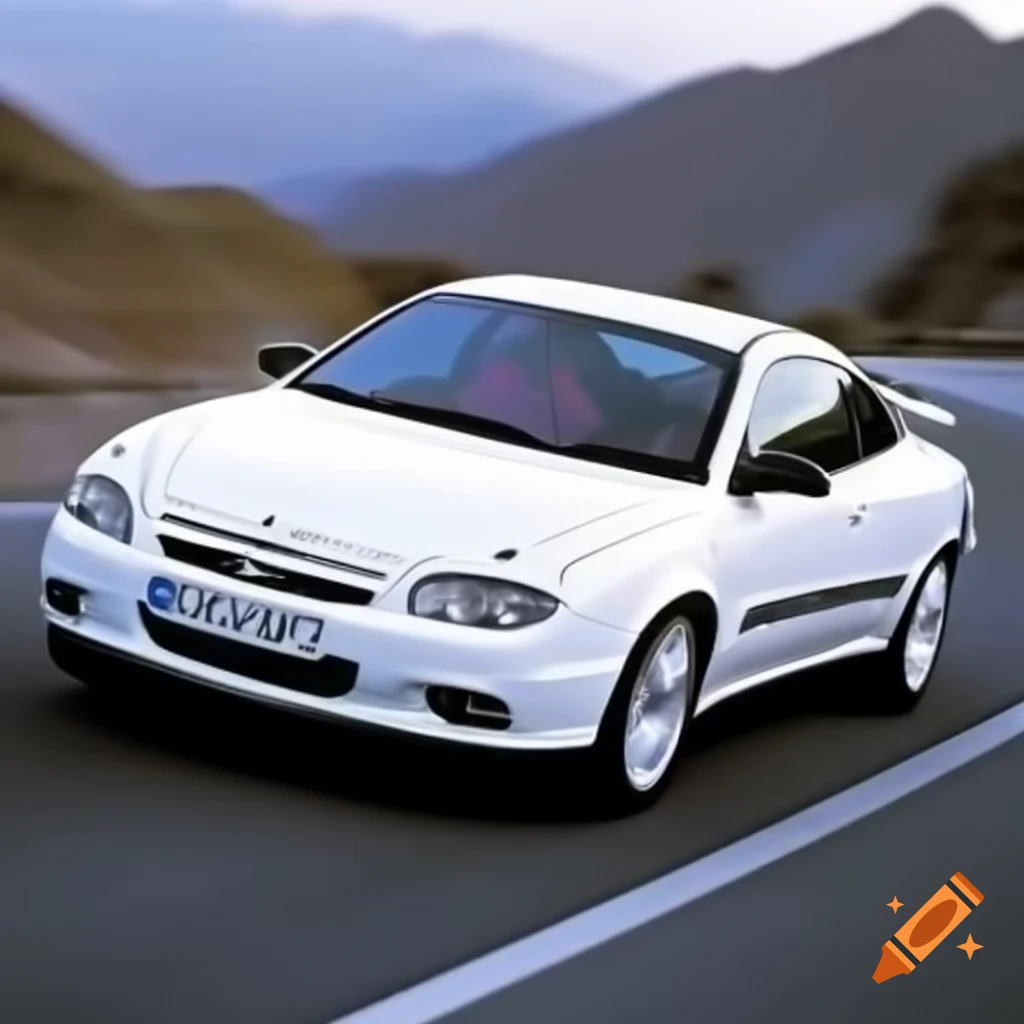 1997 white opel tigra coupe racing through mountain pass on Craiyon