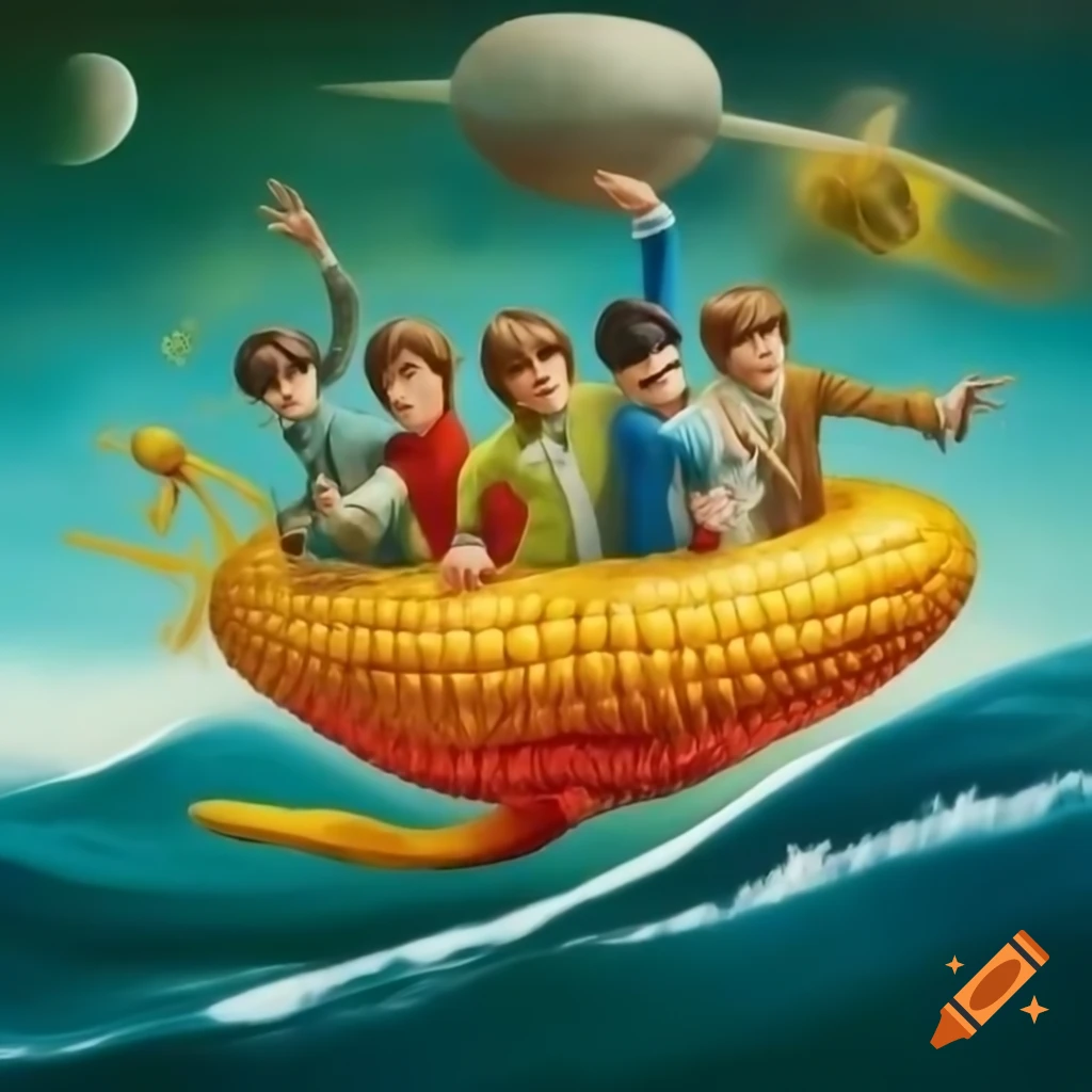 Surreal fusion artwork inspired by beatles-era art featuring a ...