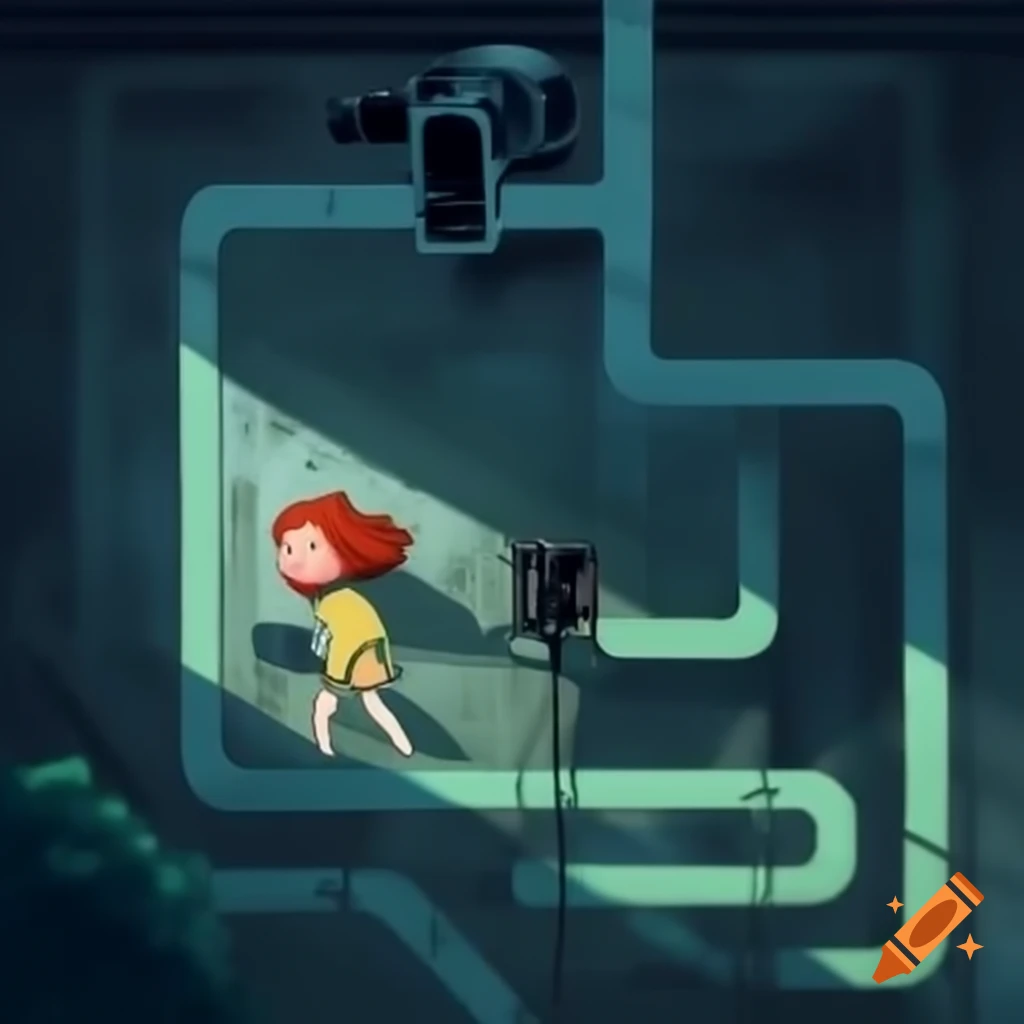 Red-haired girl navigating concrete basement labyrinth captured by ...