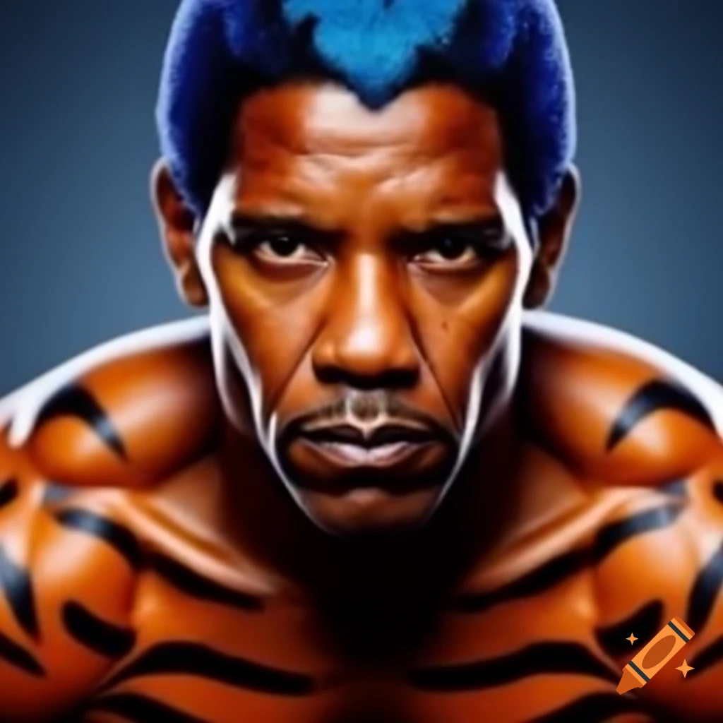 Exaggeratedly muscular man laughing, resembling denzel washington on Craiyon