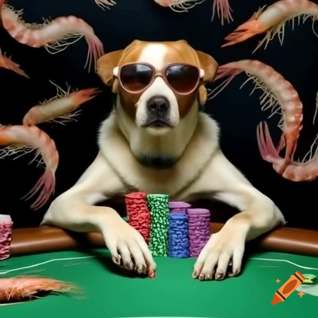 Dog playing poker at table with shrimps on Craiyon