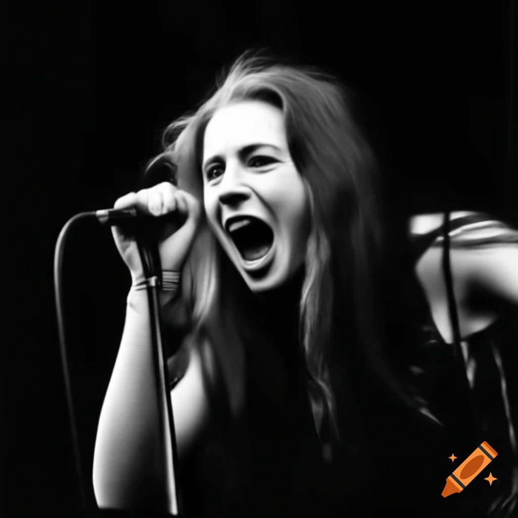 Young woman screaming into microphone in grunge concert setting, black ...