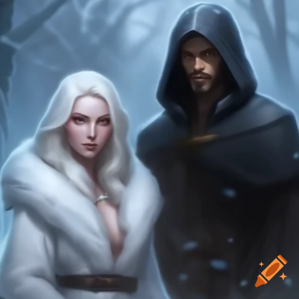 Fantasy woman in white fur cloak with man in black hooded cloak in snowy landscape on Craiyon