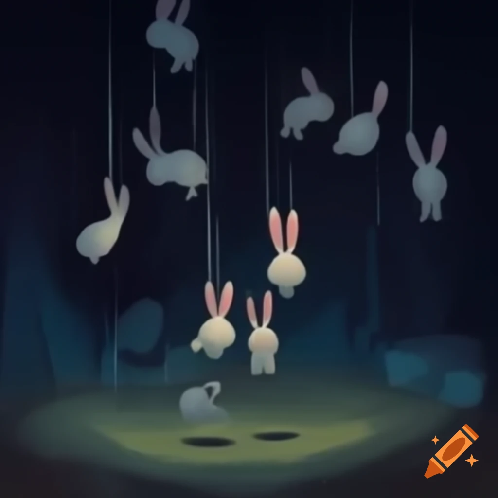Rabbits hanging on tightrope in an abyss, circus theme with dreamlike ...