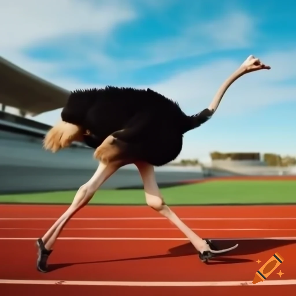 Humanoid ostrich running on a track on Craiyon